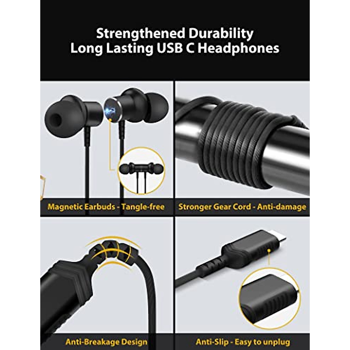 USB C Headphones for Samsung Galaxy S23 S22 S21 S20 Ultra A53 Z Flip4 Note 20 10+, Magnetic Type C Earphones Wired Earbuds with Mic Noise Canceling Stereo Bass for iPad 10 iPad Pro Air Mini Pixel 7 6