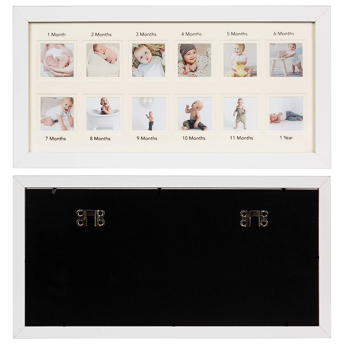 WOOD SIDE ORBIS First Year Newborn Baby Collage Keepsake Picture Frame for Photo Memories with Double Beige Mat and Twelve 2.5x2.5 Slots - White