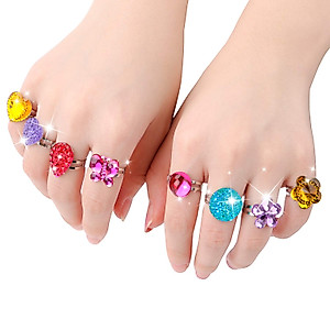 Hifot 24 pcs Girls Crystal Adjustable Rings, Princess Jewelry Finger Rings with Heart Shape Box, Girl Pretend Play and Dress up Rings for Children Kids Little Girls - Random