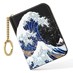 Nipichsha Credit Card Holder, Small RFID Card Wallet for Women, Slim Leather Card Holder Wallet, Credit Card Wallet Organizer, Pocket Business Card Case with Zipper & Keychain, Japanese Wave