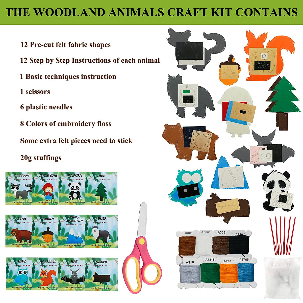 Flying Childhood Woodland Sewing Kit for Kids Felt Crafts Christmas Gift for Girls Boys Ages 6-8 DIY Kits Stuffed Animals Art Supplies 12 Pack