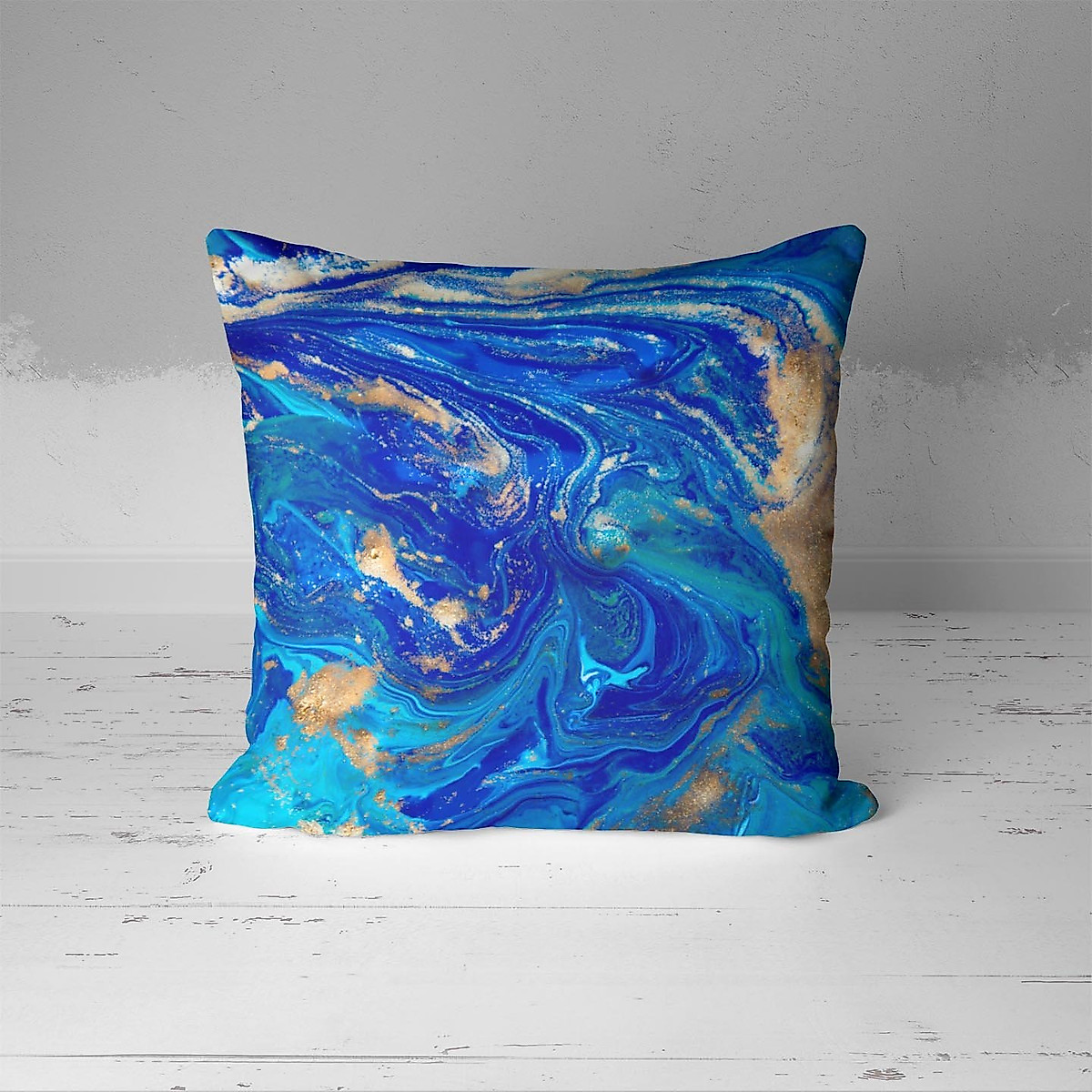iiRov Summer Design Ink-Fuzed Decorative Throw Pillow - Vivid Blue Gold Acrylic
