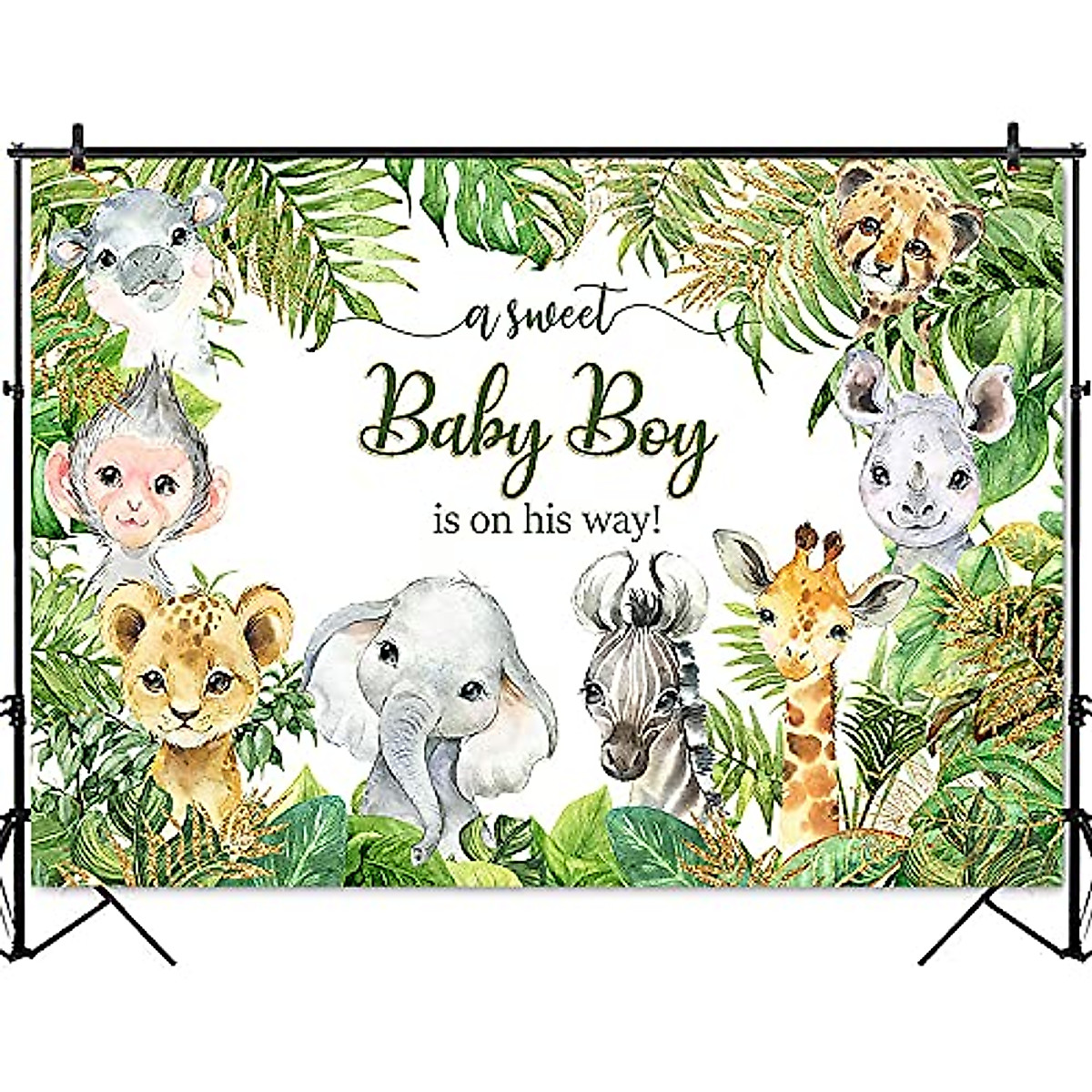 Mocsicka Safari Baby Shower Backdrop Jungle Animals Baby Shower Background Zoo Animals Boy Baby Shower Party Cake Table Decoration Banner (7x5ft)