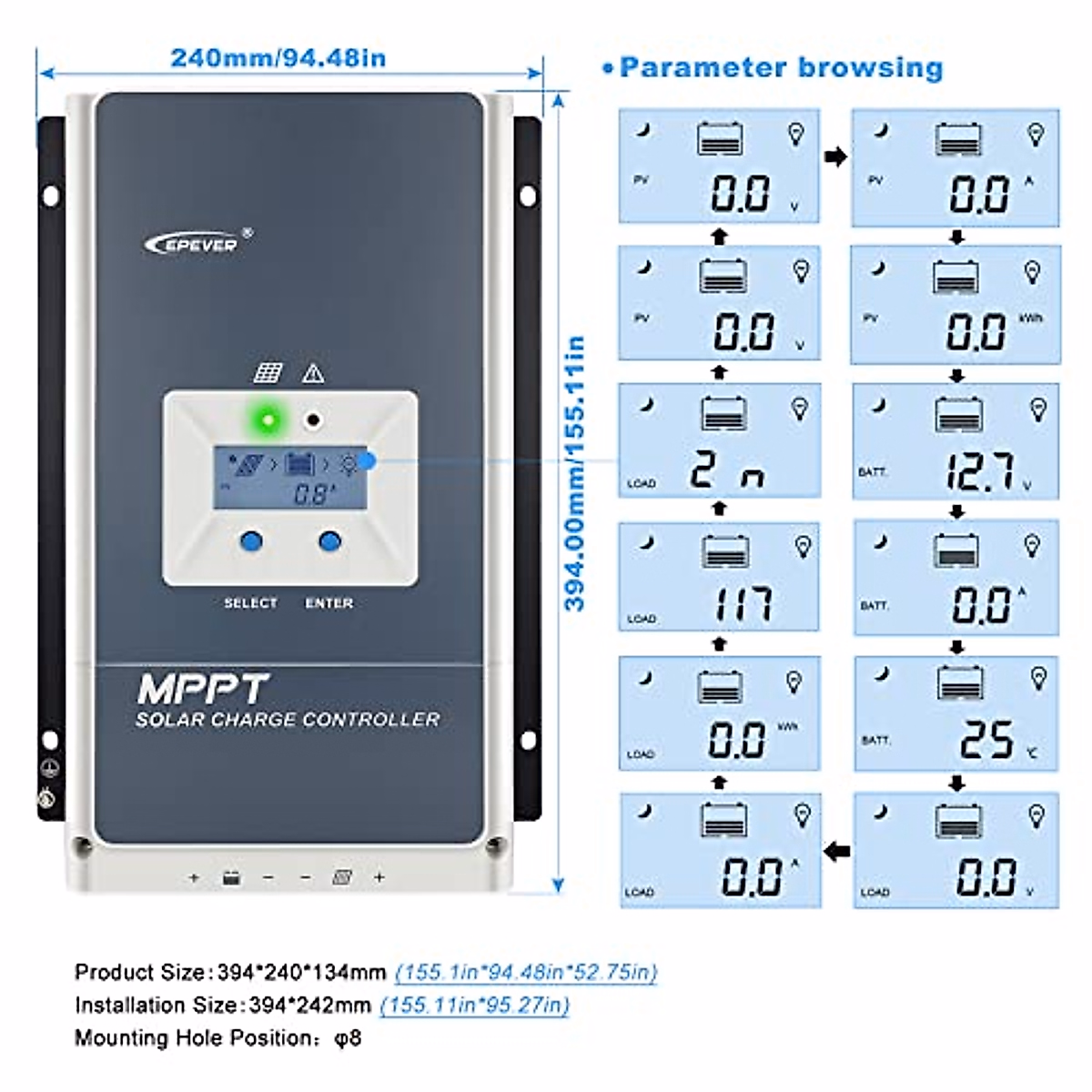 100A MPPT Solar Charge Controller 12V/24V/36V/48V Auto, Max.PV 150V Solar Panel Regulator fit for Lead-Acid/Lithium/LiFePO4 Battery (Tracer10415AN)
