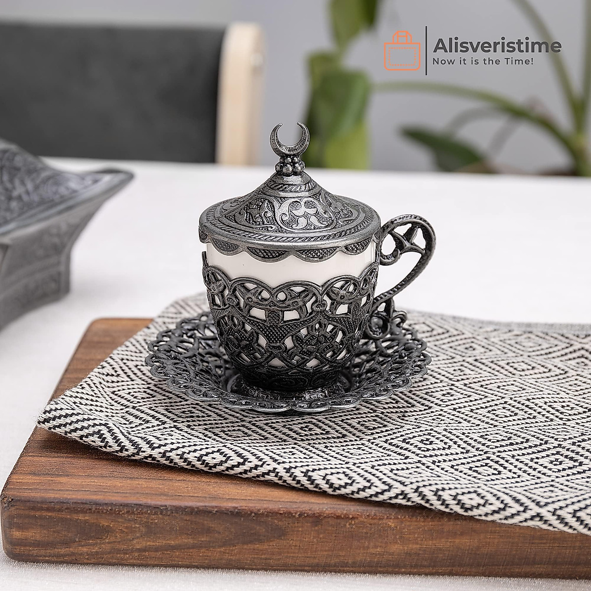 Alisveristime (1 Pc Turkish Coffee Cup - Traditional Design with Crescent Motif, Porcelain Cup and Saucer for Turkish, Greek, Arabic Coffee and Espresso (Gelincik) (Black)