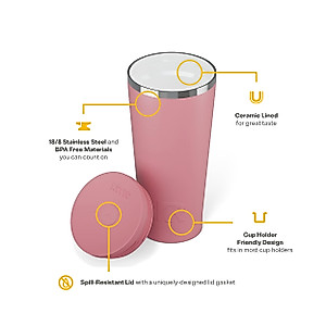 RTIC 20oz Everyday Tumbler Insulated Stainless Steel Portable Travel Coffee Cup with Straw, Spill-Resistant Lid, BPA-Free, Hot and Cold Drink, Ceramic Lining, Dusty Rose