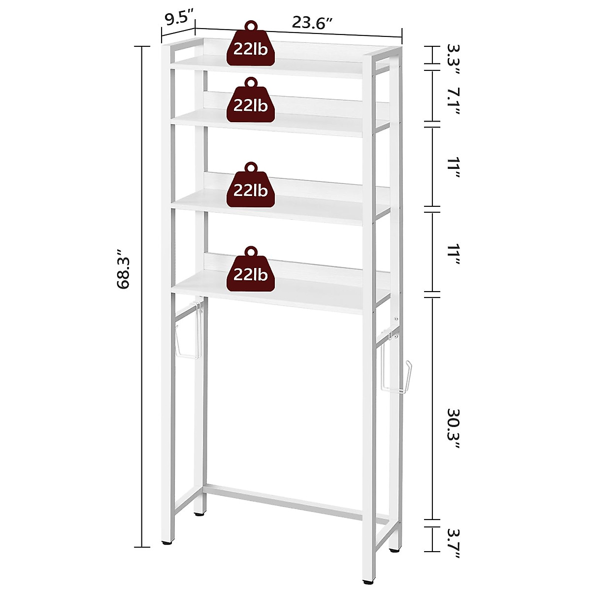 MAHANCRIS Over The Toilet Storage Rack, 4 Tier Bathroom Organizer Over Toilet, Freestanding Space Saver Toilet Stand with 2 Hooks, Bathroom Storage Shelf, Easy to Assemble, White TSBW0401