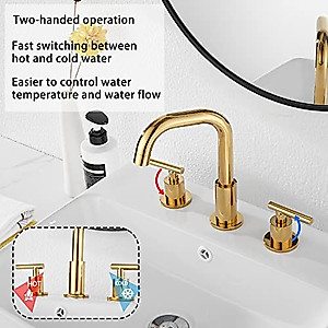 GGStudy 360° Swivel Spout Two Handles 3 Holes 8-16 inch Widespread Bathroom Sink Faucet Gold Finish Matching with Pop Up Drain