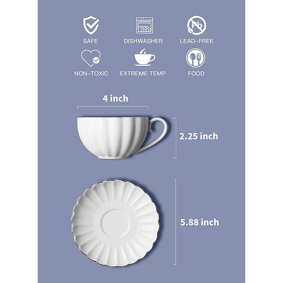 Amazingware Royal Tea Cups and Saucers, with Gold Trim and Gift Box, British Coffee Cups, Tea Cup Set, Porcelain Tea Set, Cappuccino Cups, Latte Cups, Set of 6 (8 oz)- White