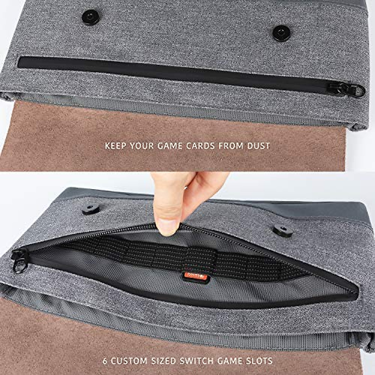 Comfyable Carrying Case Fit for Nintendo Switch with 6 Game Slots, Portable Travel Pouch Protective Waterproof Cover with Pocket for Accessories, Dark Gray & Brown