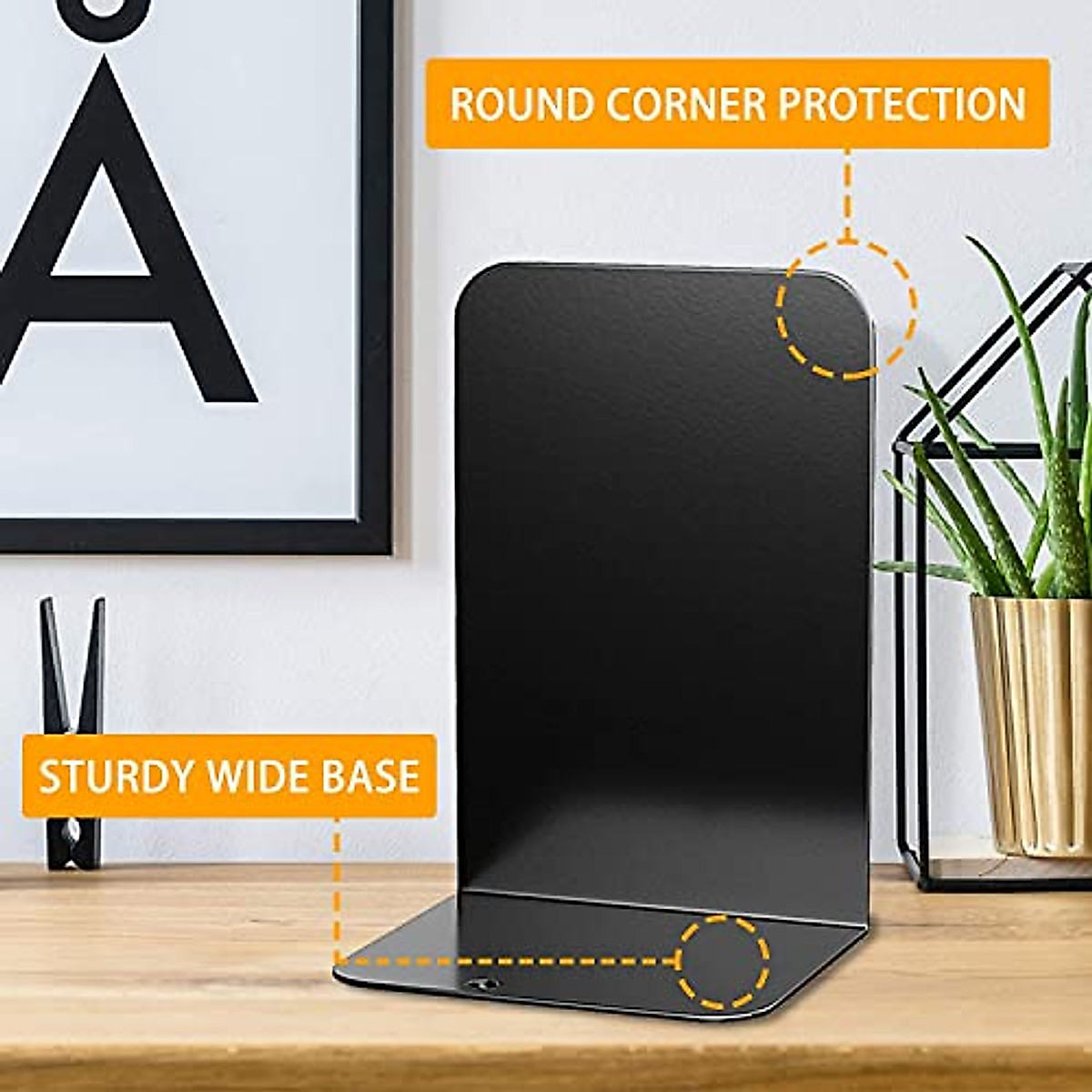 Bookend, Black Metal Bookends for Shelf Book Ends for Heavy Books, 2 Pieces Book Stopper for Home Office School