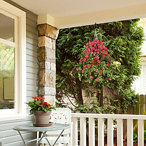 Hanging Basket with Artificial Vine Fake Silk Flowers Plants for Outdoor Indoor, Coconut Lining Basket for Patio Lawn Garden Porch Home Spring Decor (Red)