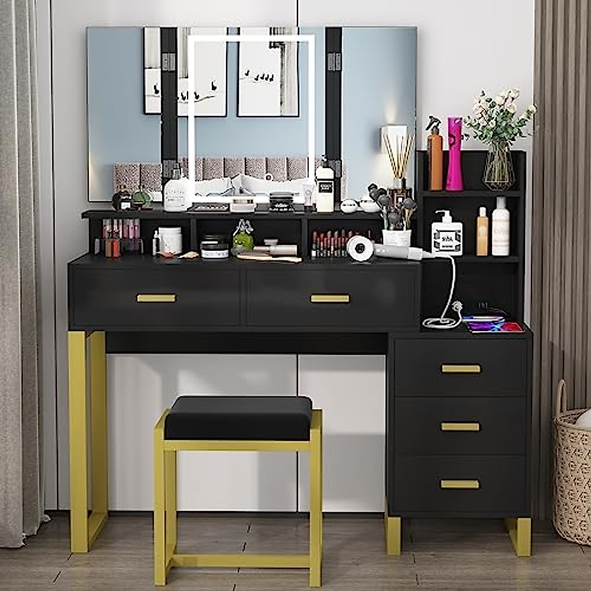 PAKASEPT Makeup Vanity with Tri-fold Makeup Mirror, Vanity Desk with 3-Color Adjustable Touch Light, Charging Station, Vanity Table with Nightstand,5 Drawers, Storage Shelves&Cushioned Stool…