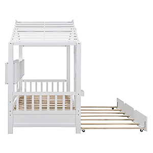 Twin Size House Bed with Trundle, Wooden Daybed Frame with Roof/Window/Guardrail and Storage Shelf for Kids, Teens Boys or Girls (White, Twin)