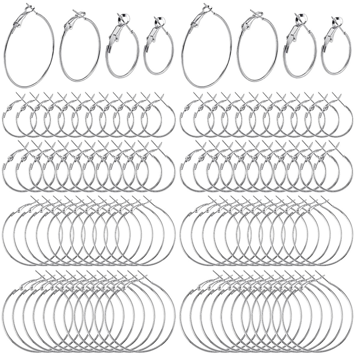 PAGOW 96Pcs Earring Hoops for Jewelry Making, Hypoallergenic Alloy Round Earrings Finding, Silver Open Beading DIY Earrings Craft Art Accessories