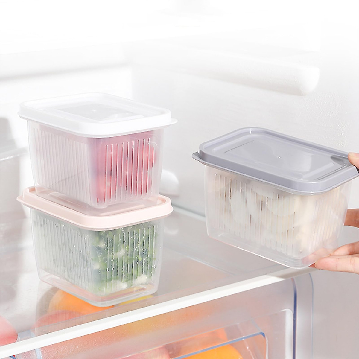 GIFZES Fruit Storage Containers for Fridge, Fruit Vegetable Produce Saver Containers Fridge Organizers with Airtight Lid & Colander, BPA-Free Vegetable Storage Lettuce Keepers for Refrigerator White