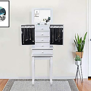WEI WEI GLOBAL Standing Jewelry Armoire w/Top Flip Makeup Mirror, Wooden Jewelry Cabinet Chest Organizer, Stand Up Storage Display Box- 5 Drawers & 14 Necklace Hooks, White