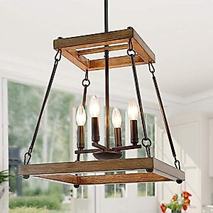 LALUZ Farmhouse Chandelier, Rustic Square 4 Light Fixture with Faux Wood Finish for Foyer, Dining & Living Room, Bedroom and Kitchen Island