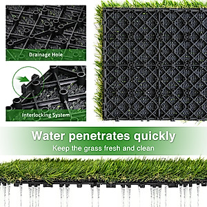 TONAHUTU Artificial Grass Turf Tile, 9 Piece 1'x1' Interlocking Fake Grass Mat Deck Tile Synthetic Grass Turf Green Lawn Carpet for Outdoor Garden Balcony Patio Decor (1.57in Height)