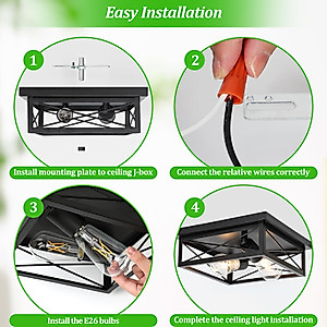 Kondras 2-Light Industrial Square Flush Mount Ceiling Light, Farmhouse Ceiling Light Fixture for Kitchen, Modern Black Close to Ceiling Light for Hallway Bedroom Balcony Porch Stairway, E26, 2-Pack