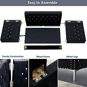 Velvet Sofa for Living Room,82.3" Jeweled Buttons Tufted Square Arm Couch,Modern Couch Upholstered Button and Metal Legs,Sofa Couch with 2 Pillows for Bedroom (Black+Velvet, 82.3 L*32.3 W*29.1 H)