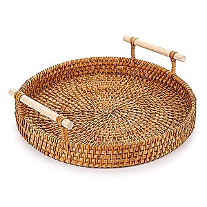 Rattan Tray 8.7-Inch Round Serving Tray Decorative Trays for Coffee Table Decorative Tray | Woven Tray for Bread, Wicker Tray Coffee Table Basket Tray with Handles for Fruit Vegetables Restaurant etc.