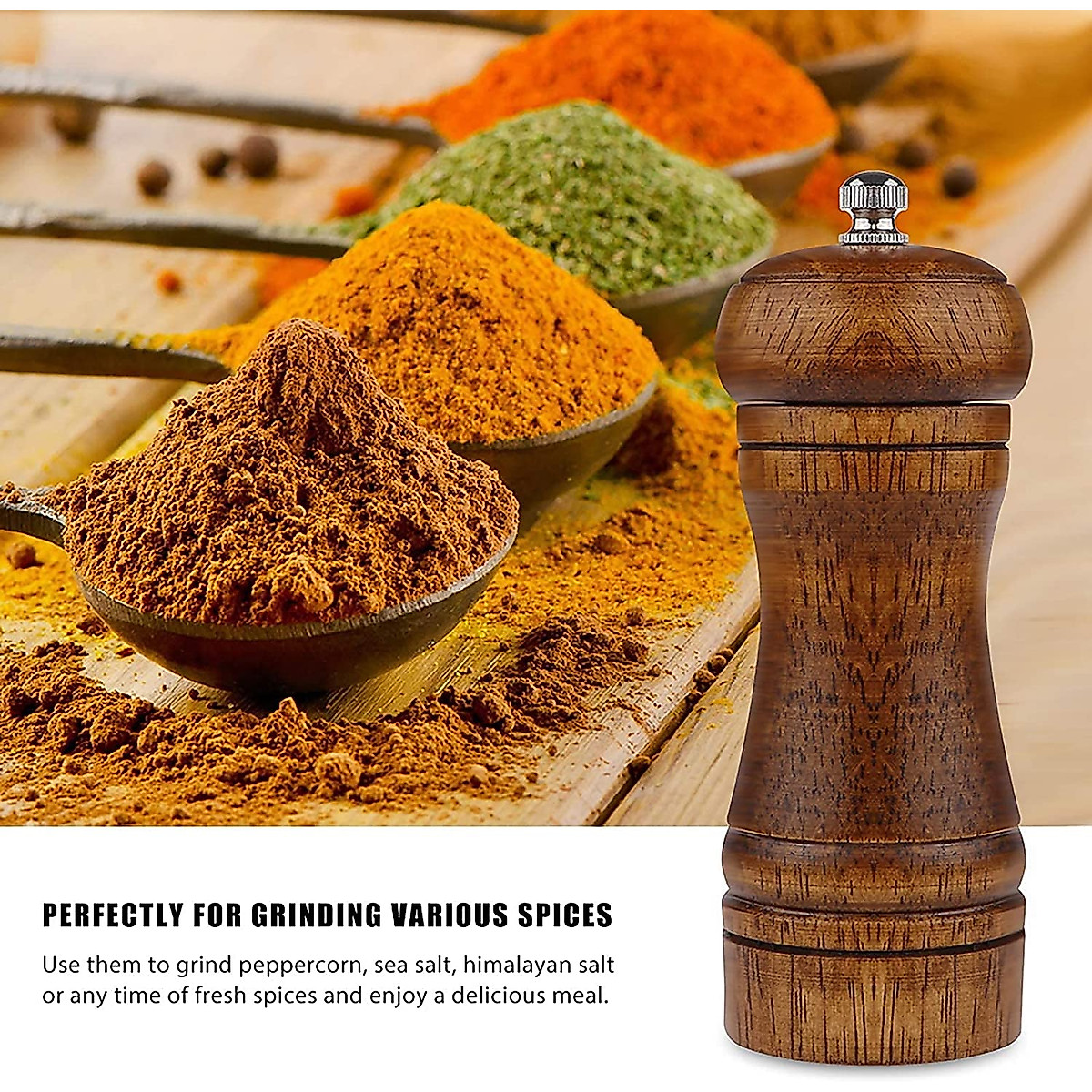 Pepper Grinder - 5 inch Pepper Mill Pepper Grinder Refillable Oak Salt and Pepper Grinder Set Sea Salt grinder Ceramic Pepper Mill Grinder Adjustable (1 Pack)