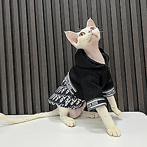 Sphynx Cat Clothes Winter Thicken Limited Edition Fashion Vintage Coat Zip Splicing Design Jacket Cat Apparel Pet Clothes for Cat (XXL(11-15lbs), Tide Card)