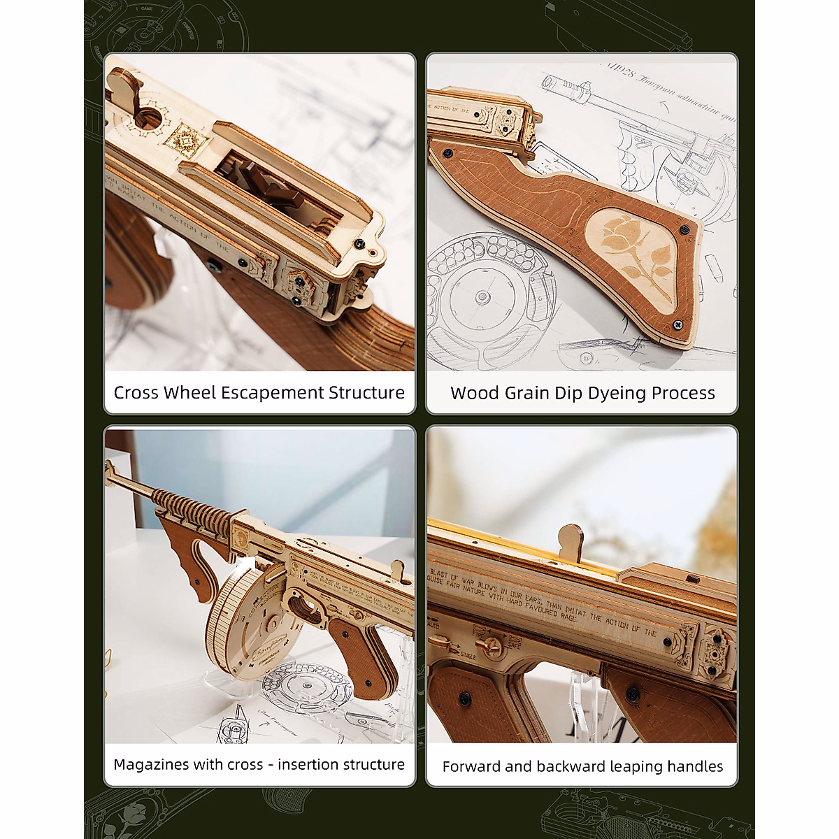 RoWood 3D Puzzles for Adults,Rubber Band Tommy Gun-Toy Wooden Model Kit,3D Wooden Puzzles for Adults,DIY Wooden Building Kits,Unique Gifts for Adults&Teens