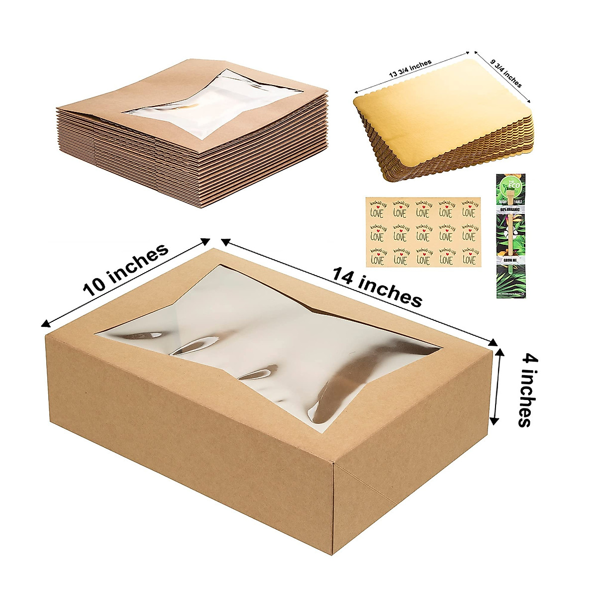 FATRE FOODS (15 Pack) Cake Boxes with Cake Boards INCLUDED – Easy-Assembly, 14 x 10 x 4 Inch, Dessert Boxes with Window, Stickers – Store & Sell Cakes, Cupcakes, Muffins, & Donuts in Bakery Boxes