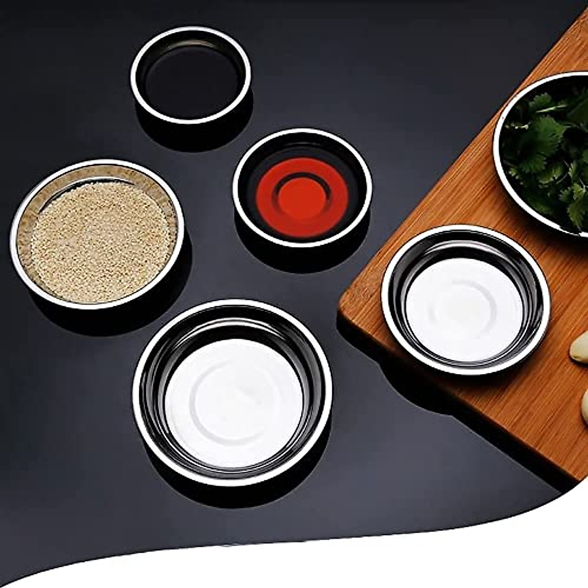 8 Pcs Stainless Steel Sauce Dishes, 4inch Round Seasoning Dishes Sushi Dipping Bowl Saucers Bowl Mini Appetizer Plates, Small Snack Cups Dipping Soy Sauce Dish/Bowls (3.85 x 3.87 x 0.7 inch) (10cm)