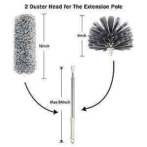 RMAI Duster with Extension Pole(Stainless Steel), 100’’ Extra Long Microfiber & Domed Cobweb Double Replacement Heads Extendable Dusters, Scratch Resistant Duster for Cleaning High Ceiling Fan, Cars