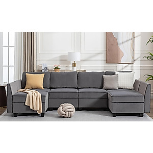 DIFY Modular Sectional Sofa Couch with Storage Seat, Oversized U-Shaped Reversible Couch for Living Room, Apartment and Office, 6 Seat Sofa with 8 Armrests, Convertible Chaise Sofa, Velvet Grey.