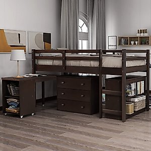 CITYLIGHT Twin Size Loft Bed with Desk, Low Study Twin Loft Bed Frame, with Cabinet and Rolling Portable Desk, Low Twin Loft Bed for Kids and Teens (Espresso)