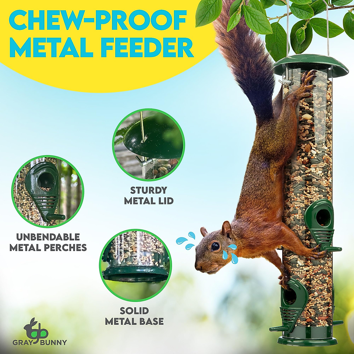 Gray Bunny Metal Bird Feeder, 4-Port Wild Bird Feeders for Outdoors Hanging, Heavy Duty Chew-Proof and Rust-Proof Tube Feeder, 15 Inches