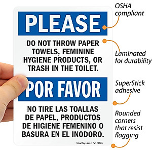SmartSign 7 x 5" Do Not Throw Paper Towels, Feminine Hygiene Products, Trash in The Toilet Bilingual Sticker Labels Pack of 4, 5 mil Laminated Polyester with SuperStick Adhesive, Blue Black White