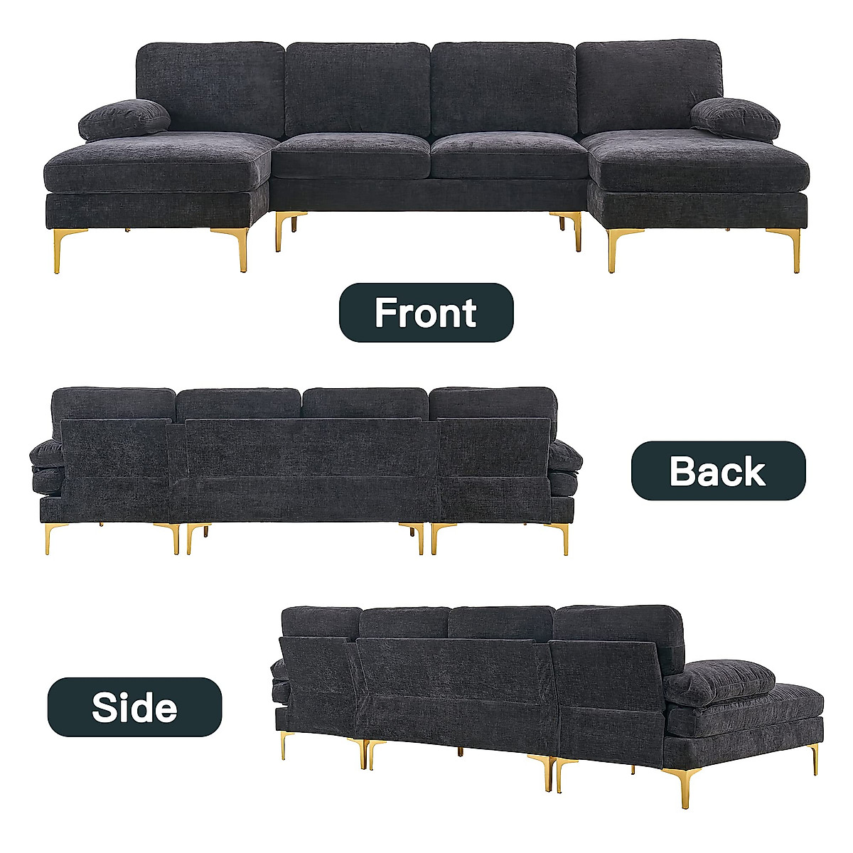 VERYKE U Shape Sectional Sofa Couch,Modern 110'' Chenille Fabric Sectional Couch Sofa, Upholstered Sofa Bed with Golden Metal Legs for Living Room