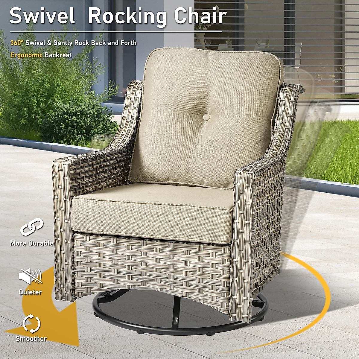 HOOOWOOO 5 Piece Patio Furniture Conversation Sets with Swivel Rocking Chairs,Outdoor Wicker Furniture with LED Tablet,All Weather Resistant High Back Rattan Conversational Set(Beige Tan)