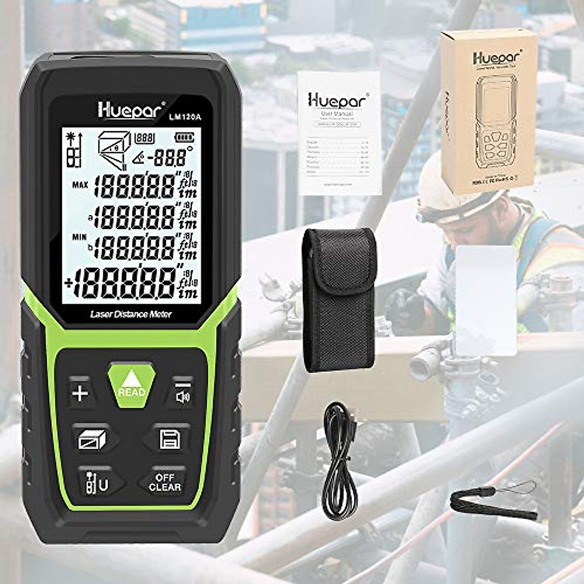Huepar Laser Distance Meter 393Ft with Li-ion Battery & Electric Angle Sensor, Backlit LCD Laser Measure M/in/Ft with High Accuracy Multi-Measurement Modes, Pythagorean, Distance, Area&Volume-LM120A