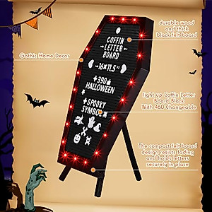 PerKoop LED Coffin Letter Board Gothic Letter Board Lights Up Halloween Felt Letter Board Sign with Spooky Letter Stand Gothic Decor Halloween Movie Night Decoration(Black)