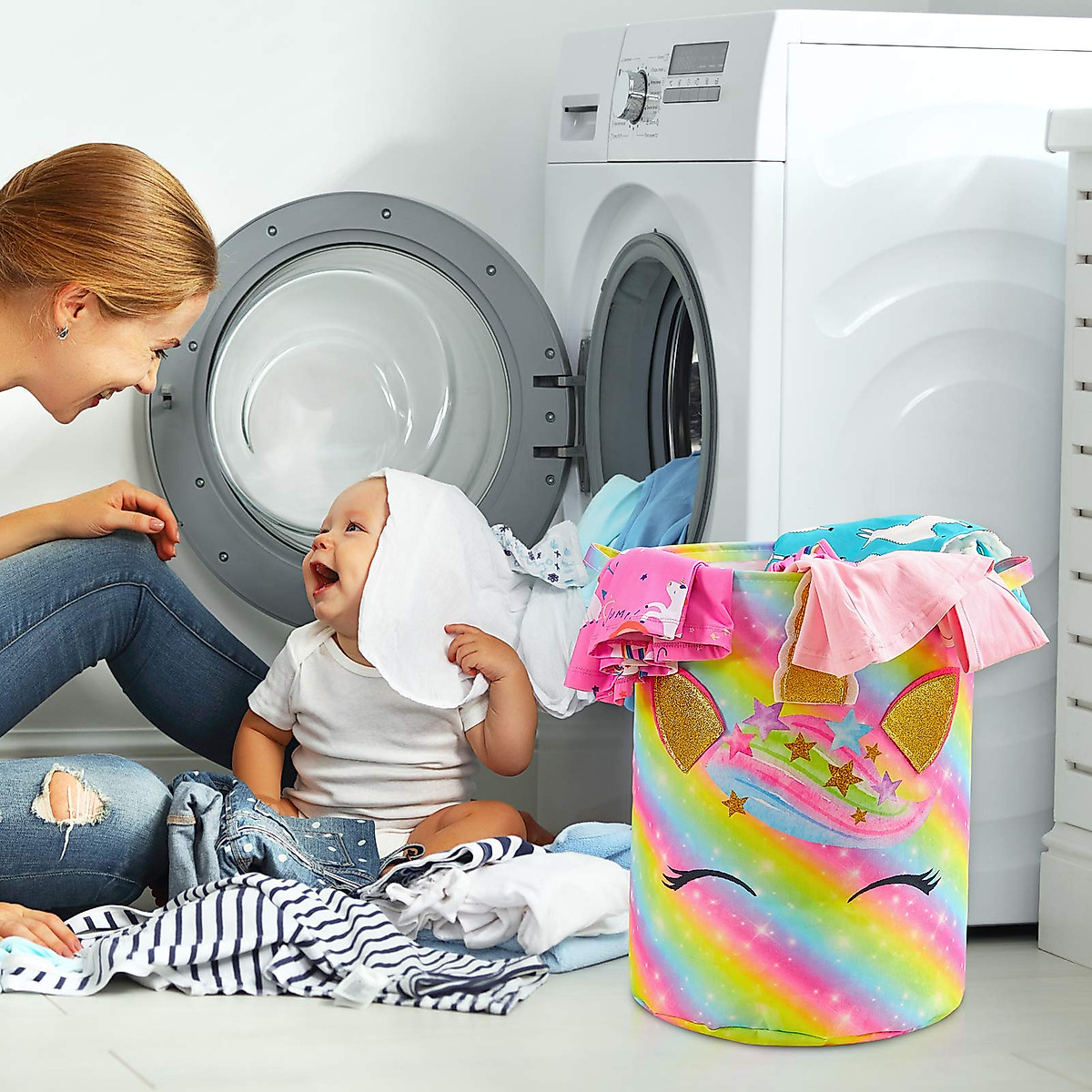 FIOBEE Unicorn Laundry Basket Rainbow Storage Bins Waterproof Nursery Hamper Canvas Toy Organizer for Kids Girls Bedroom Clothes