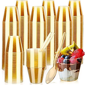 100 Sets 5 oz Dessert Cups with Spoons Plastic Color Cups for Desserts Ice Cream Parfait Sundae Fruit Pudding (Gold)
