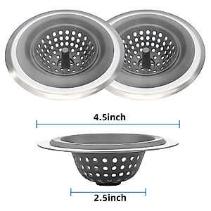 Kitchen Set of 2 Sink Strainers, Flexible Silicone Good Grip Kitchen Sink Drainers, Traps Food Debris and Prevents Clogs, Large Wide 4.5’ Diameter Rim Gray