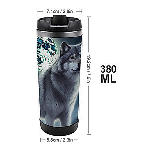 13 Oz Travel Mug Wolf Under Moon Stainless Steel Double Wall Vacuum Leak Proof Insulated Tumbler with Lid Hot And Cold Beverage Holder for Travel Picnic Outdoor