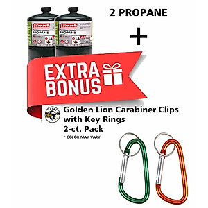 Propane Tank 2 Pack with Golden Lion Bonus: 2 Carabiner Clips, Green, 16oz
