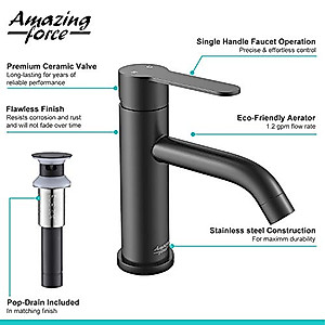 AMAZING FORCE Matte Black Bathroom Faucet Single Handle Bathroom Sink Faucet Single Hole with Pop Up Drain Assembly Matte Black Faucet for Bathroom Sink