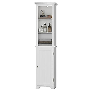 UTEX 64" Freestanding Storage Cabinet, Bathroom Tall Cabinet with Doors and Shelves, Free Standing Linen Tower, Home Storage Furniture,White