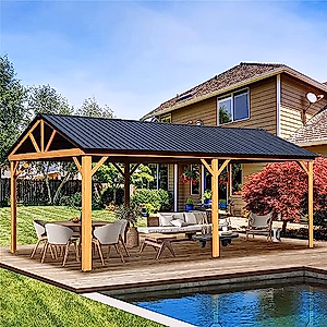 Evedy 12 x 20 Gazebo, Galvanized Steel Gable Roof Gazebo Pergola with Wood Grain Aluminum Frame, Outdoor Hardtop Gazebo Permanent Gazebo Pavilion for Patio, Garden