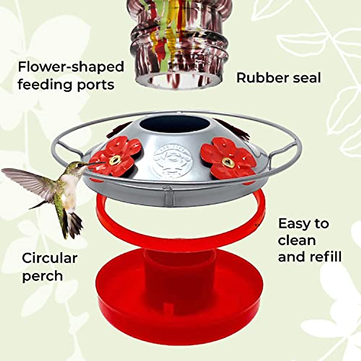 Hummingbird Feeder by Grateful Gnome - Large Hand Blown Stained Glass Feeder for Garden, Patio, Outdoors, Window with Accessories S-Hook, Ant Moat, Brush - 36fl oz, Large Purple Egg Design
