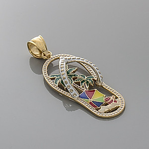 Million Charms 14k Yellow Gold Beach Charm Pendant, Palm Tree Beach Scene Flip-Flop with Enamel, Cut-Out